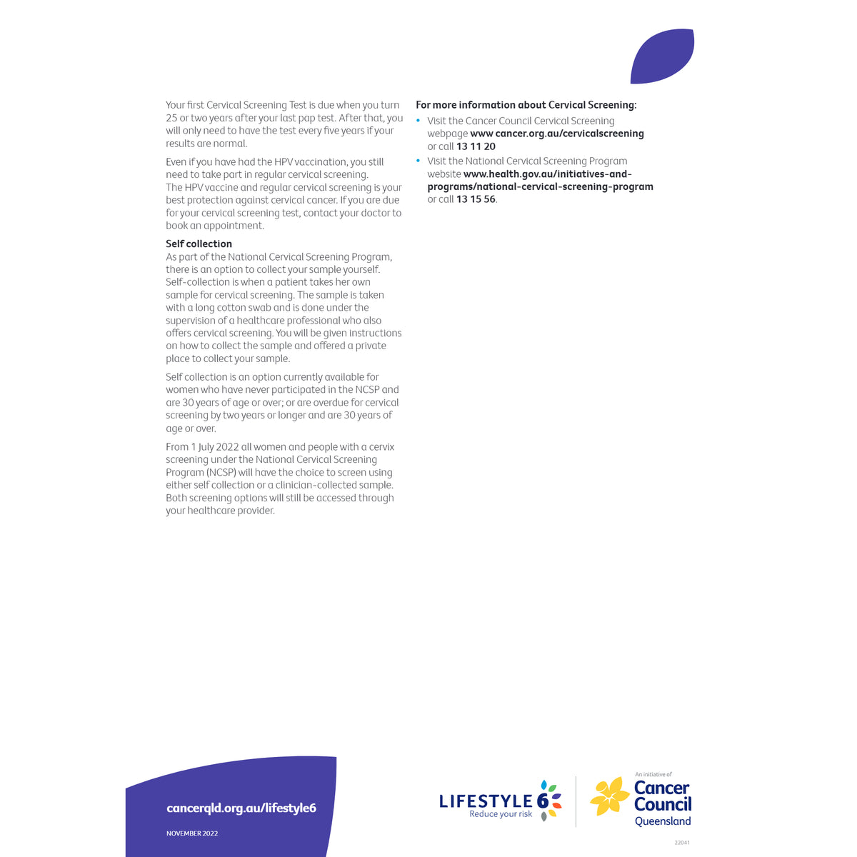 Lifestyle 6 Cervical Cancer Screening – Cancer Council Queensland Resources