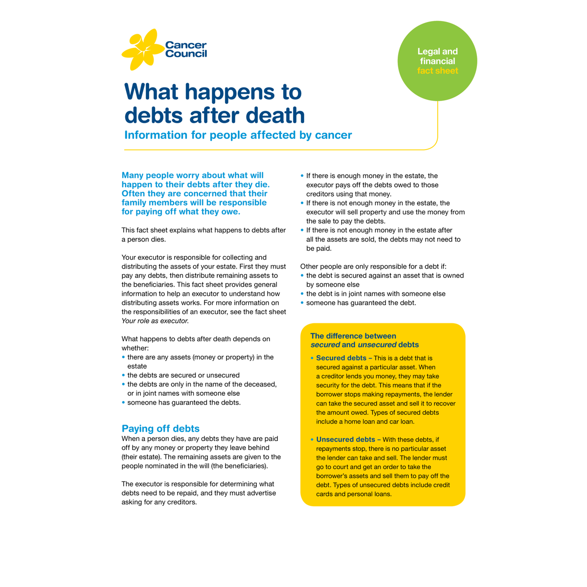 What Happens to Debts after Death (PDF Download) – Cancer Council ...