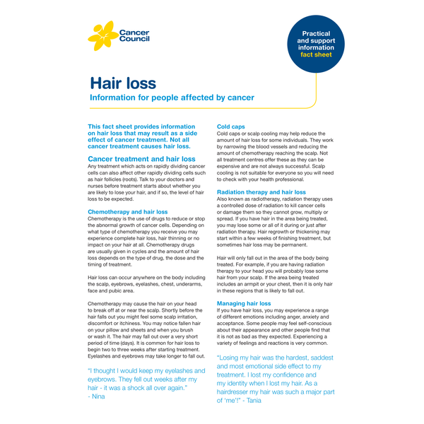 Hair Loss - (PDF Download) – Cancer Council Queensland Resources