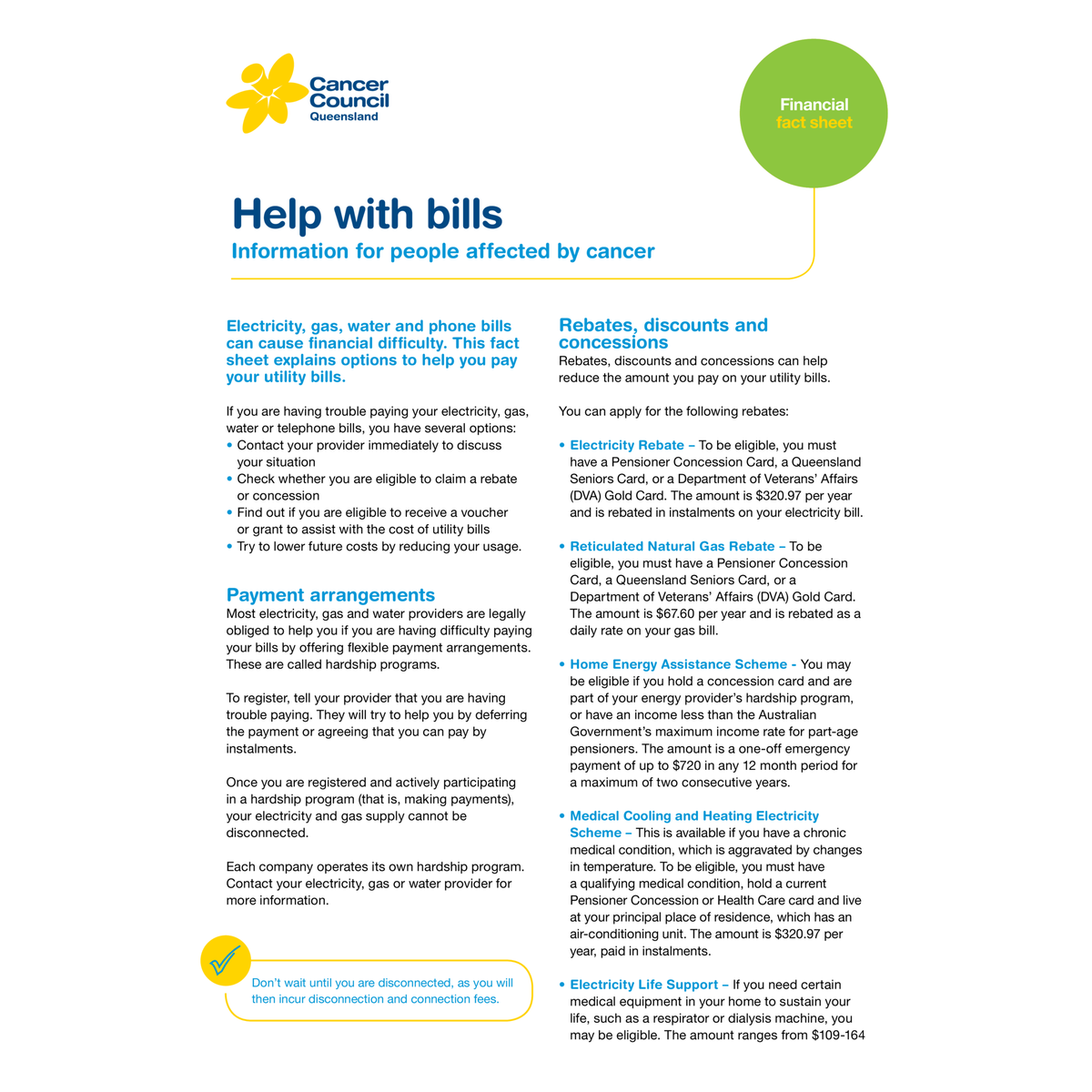 Help with Bills (PDF Download) – Cancer Council Queensland Resources